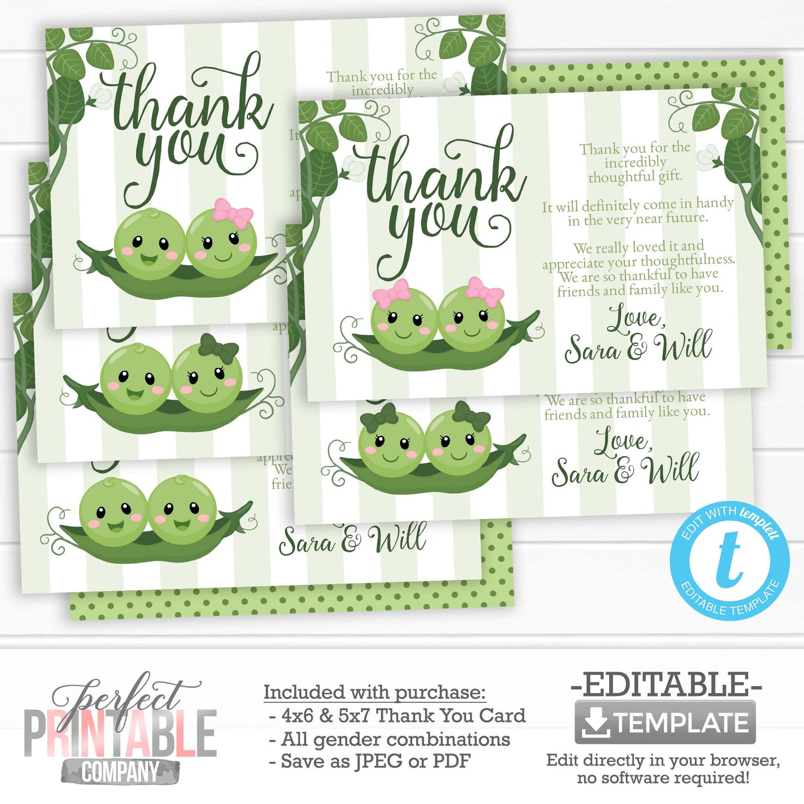 Two Peas in a Pod Thank You Card, Baby Shower (editable Template) - Etsy