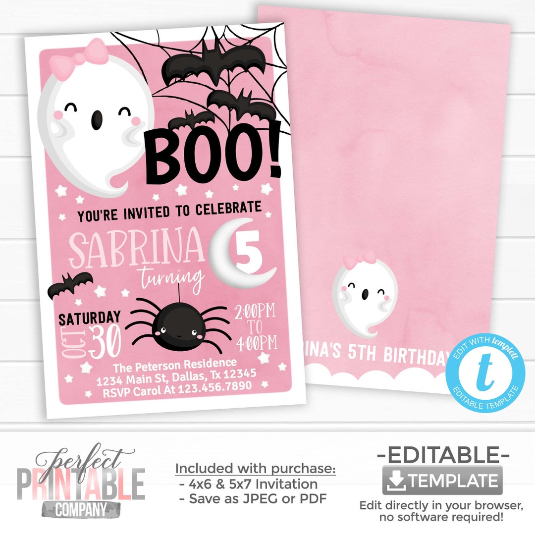 Pink Ghost Birthday Party Invitation, Ghost Spider Bat Halloween Party ...
