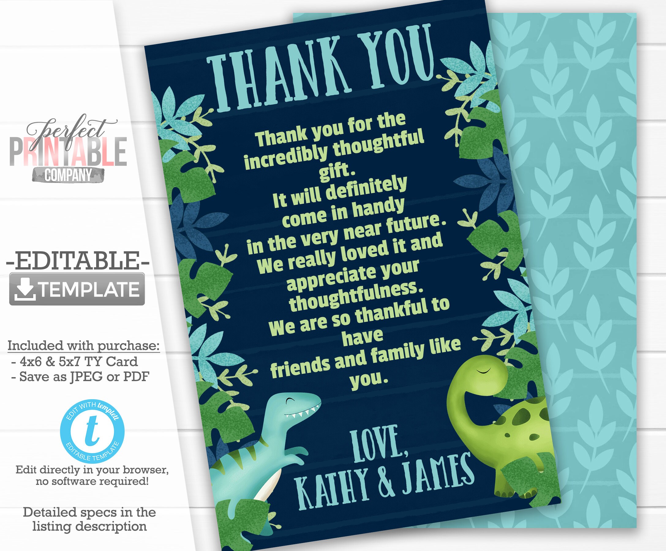 Dinosaur Thank You Card Dinosaur Thank You Note Dinosaur | Etsy