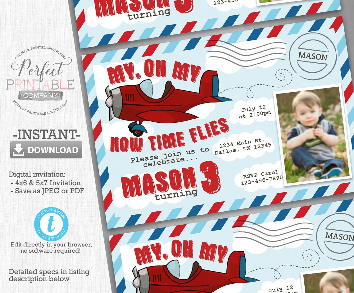 Airplane Birthday Party Invitation, Airplane Invitation, Airplane ...