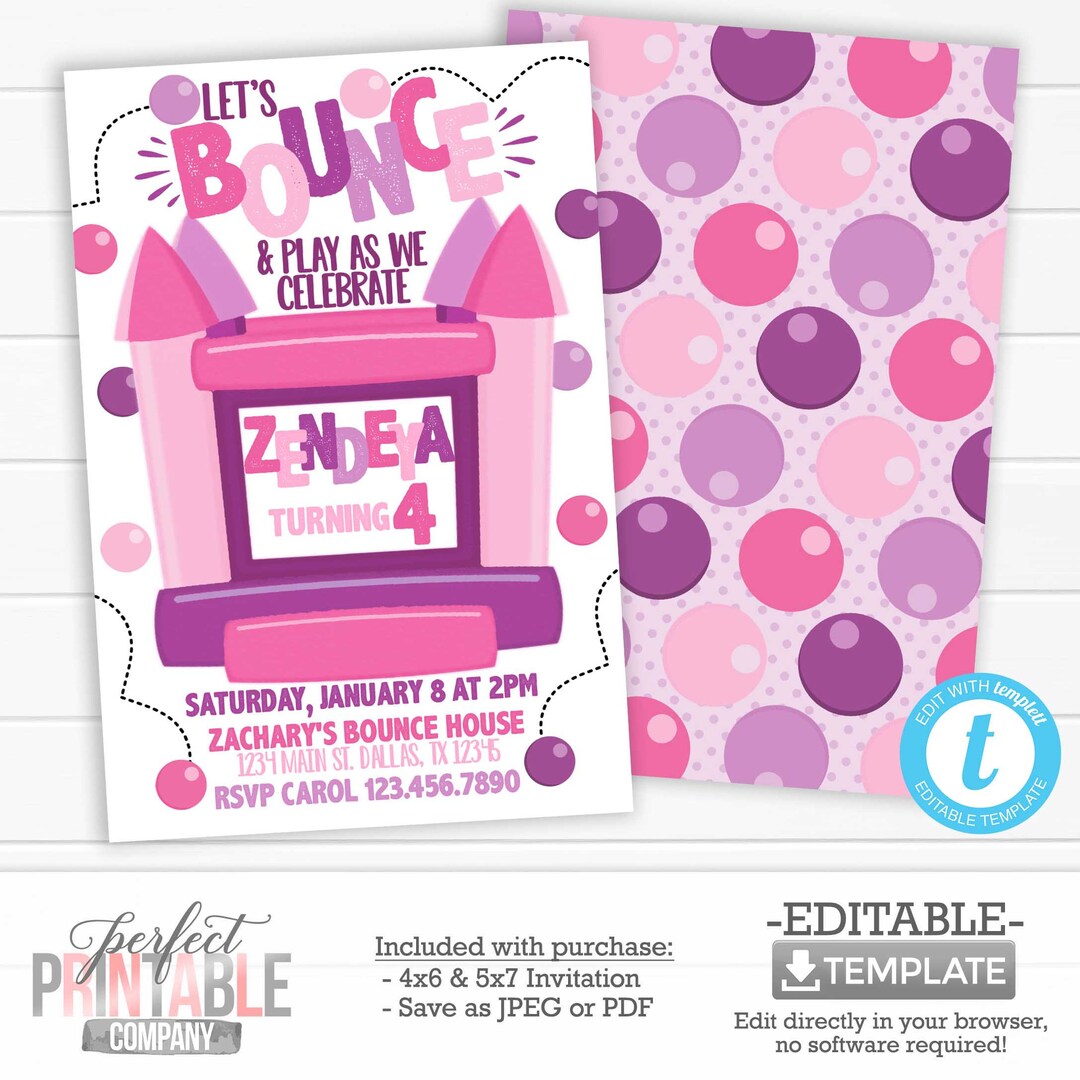 Pink Bounce House Birthday Invitation, Moon Bounce Birthday Invitation ...
