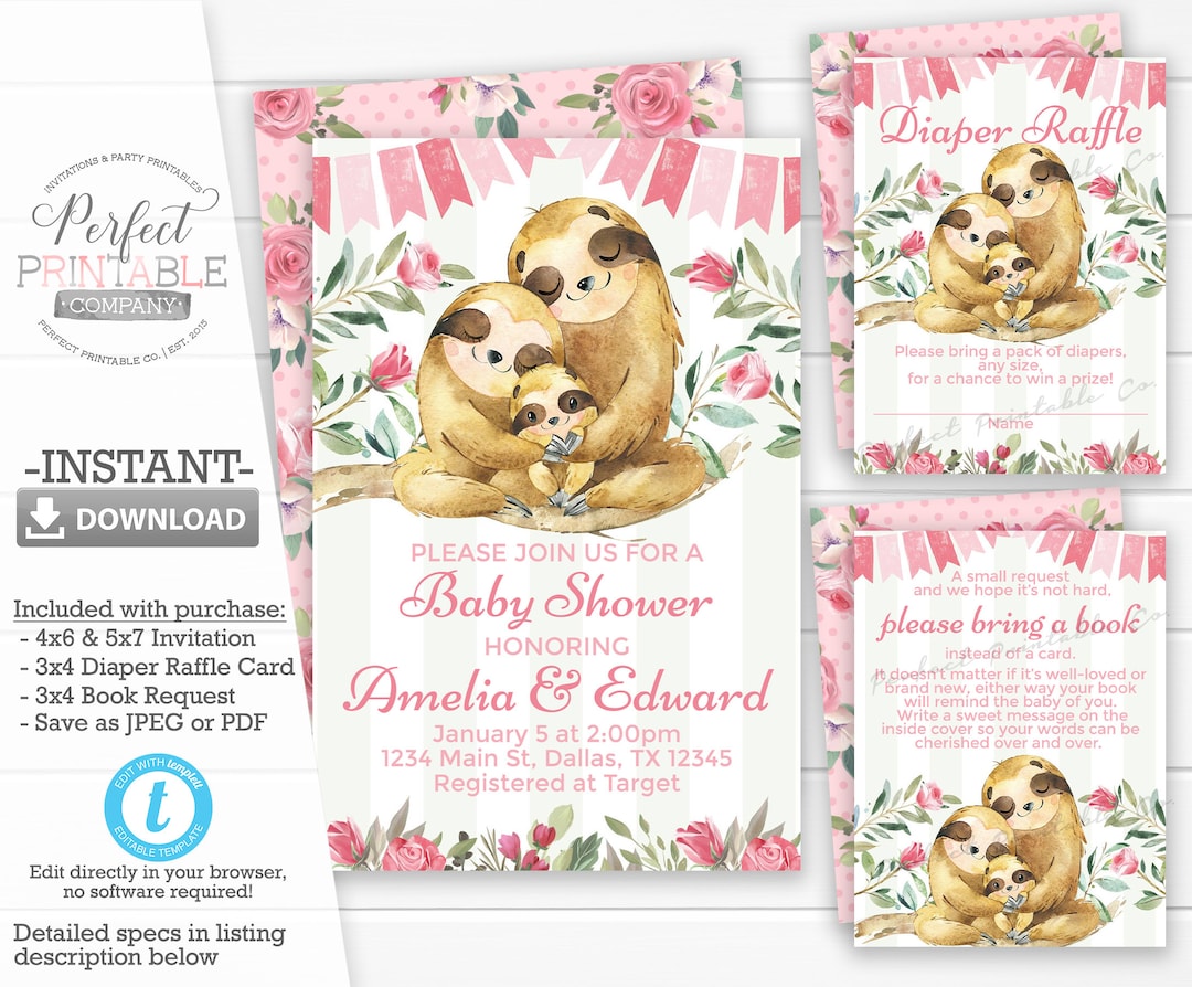 Sloth Baby Shower Invitation Set, Kit, Package, Bundle, Sloth Invite ...