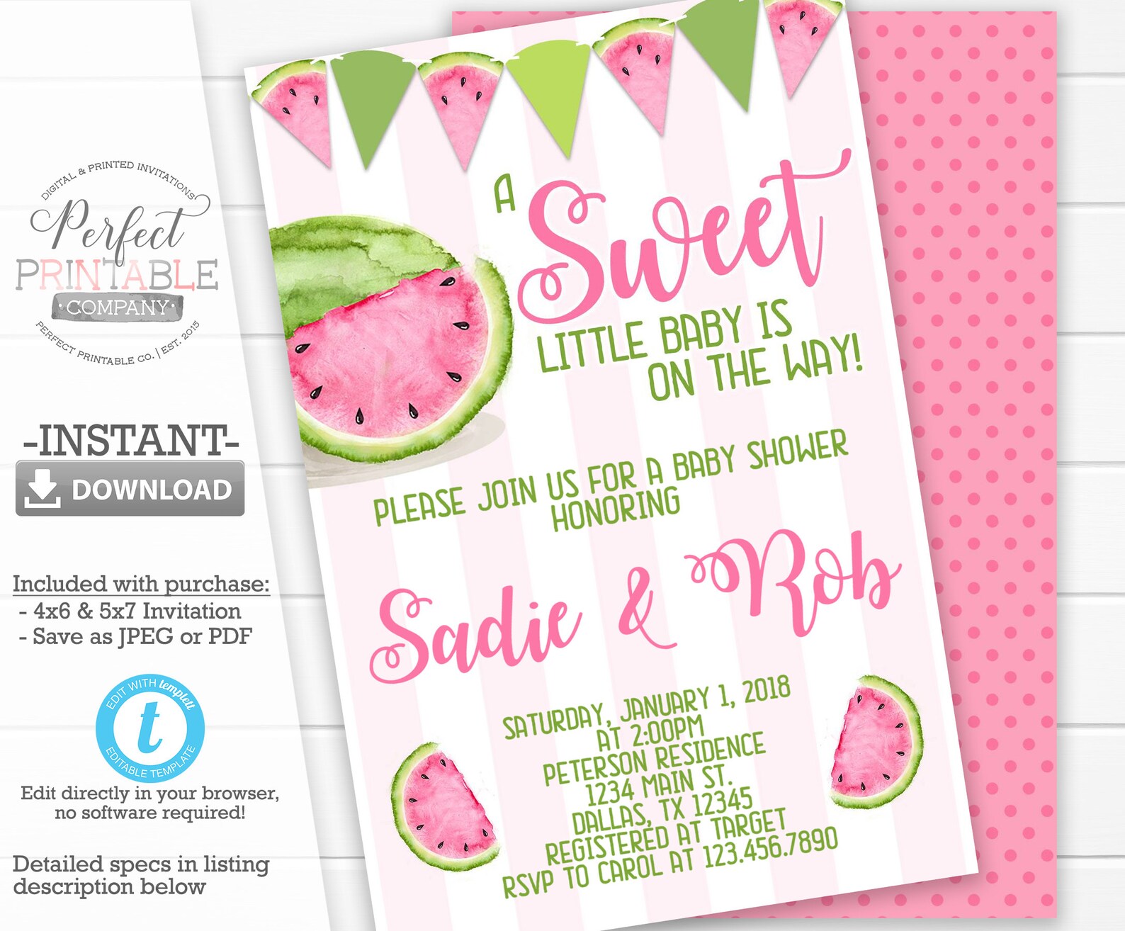 Watermelon Baby Shower Invitation, Editable Template (4x6 & 5x7) - Etsy