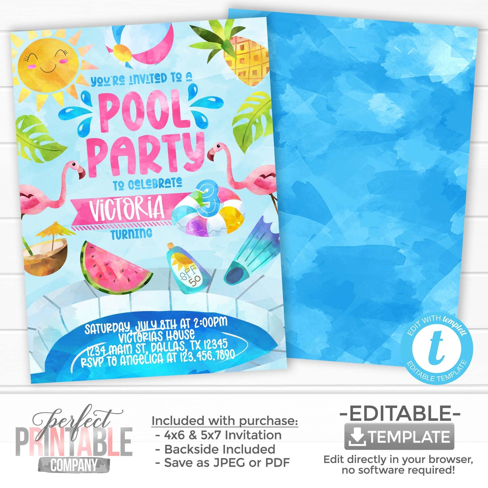 Pool Party Birthday Invitation Tropical Summer Birthday Party - Etsy