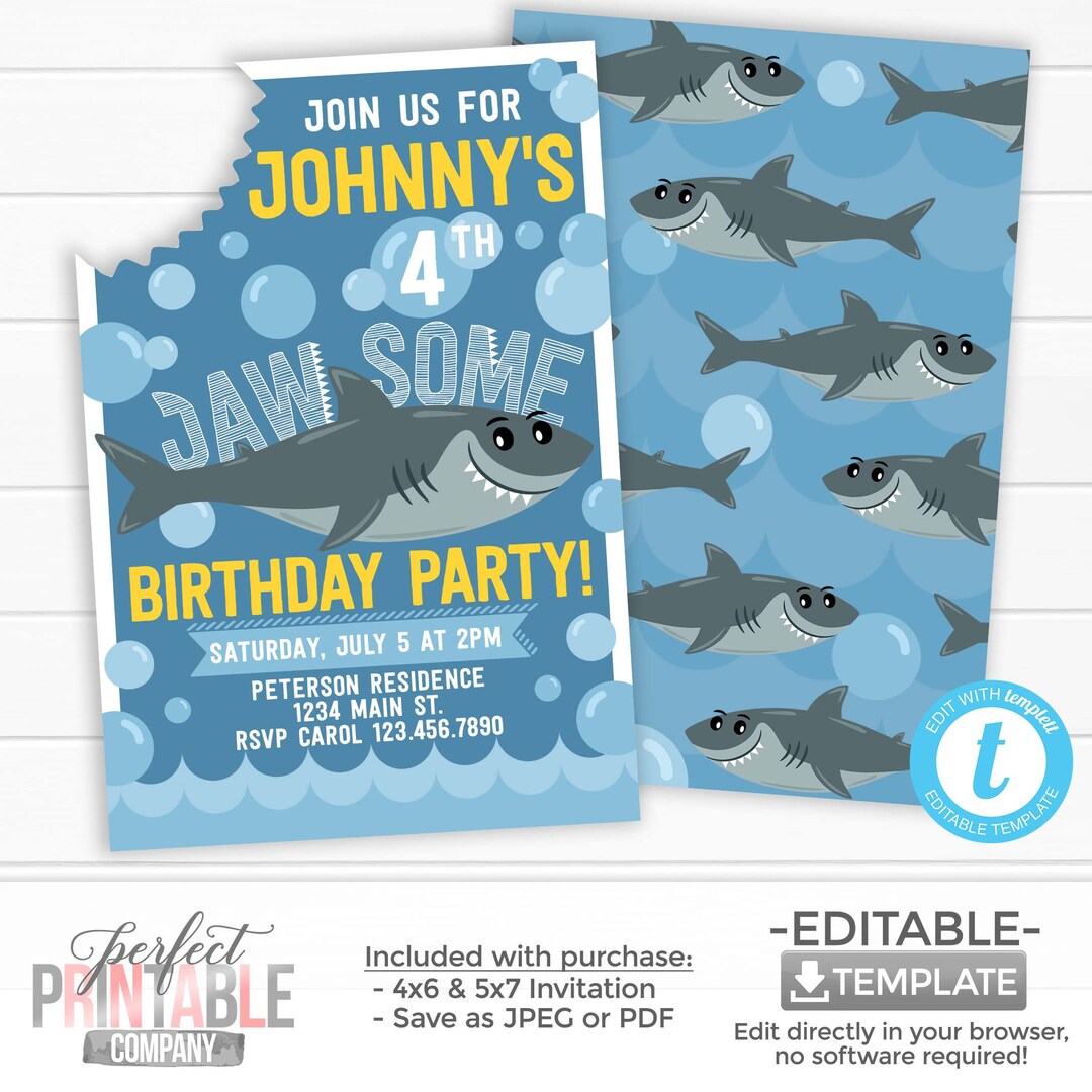 Shark Birthday Invitation, Shark Invite, Shark Party Invitation, Great ...