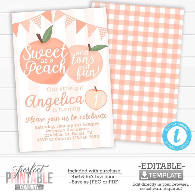 Peach Birthday Invitation, Sweet Girl Party (digital Template) - Etsy