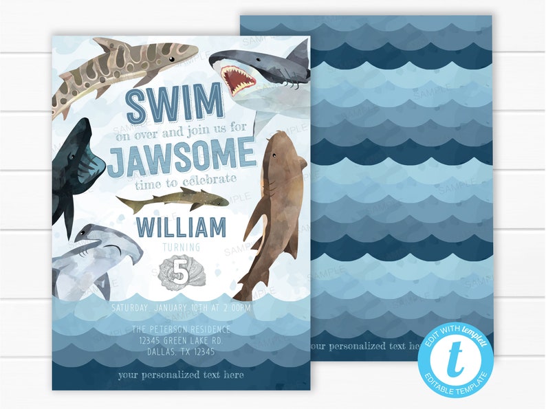 Shark Birthday Invitation, Shark Invite, Shark Birthday Party Card ...