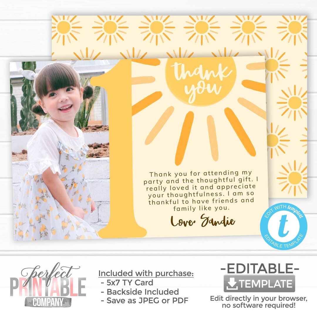 Our Little Sunshine Thank You Card, Summer Thank You Note, Summer Thank ...