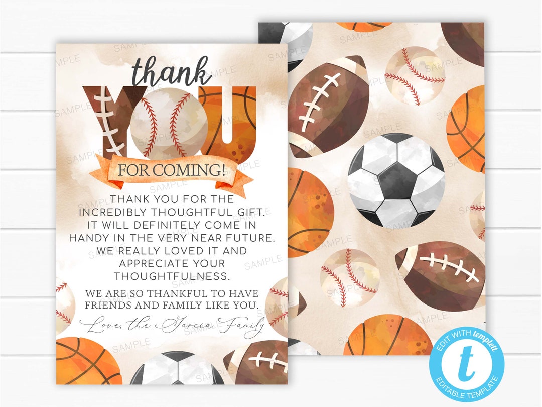 Sports Thank You Card, Athletic Balls Thank You Note, Baby Shower ...