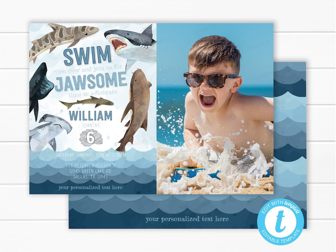 Shark Birthday Invitation, Shark Invite, Shark Birthday Party Card ...