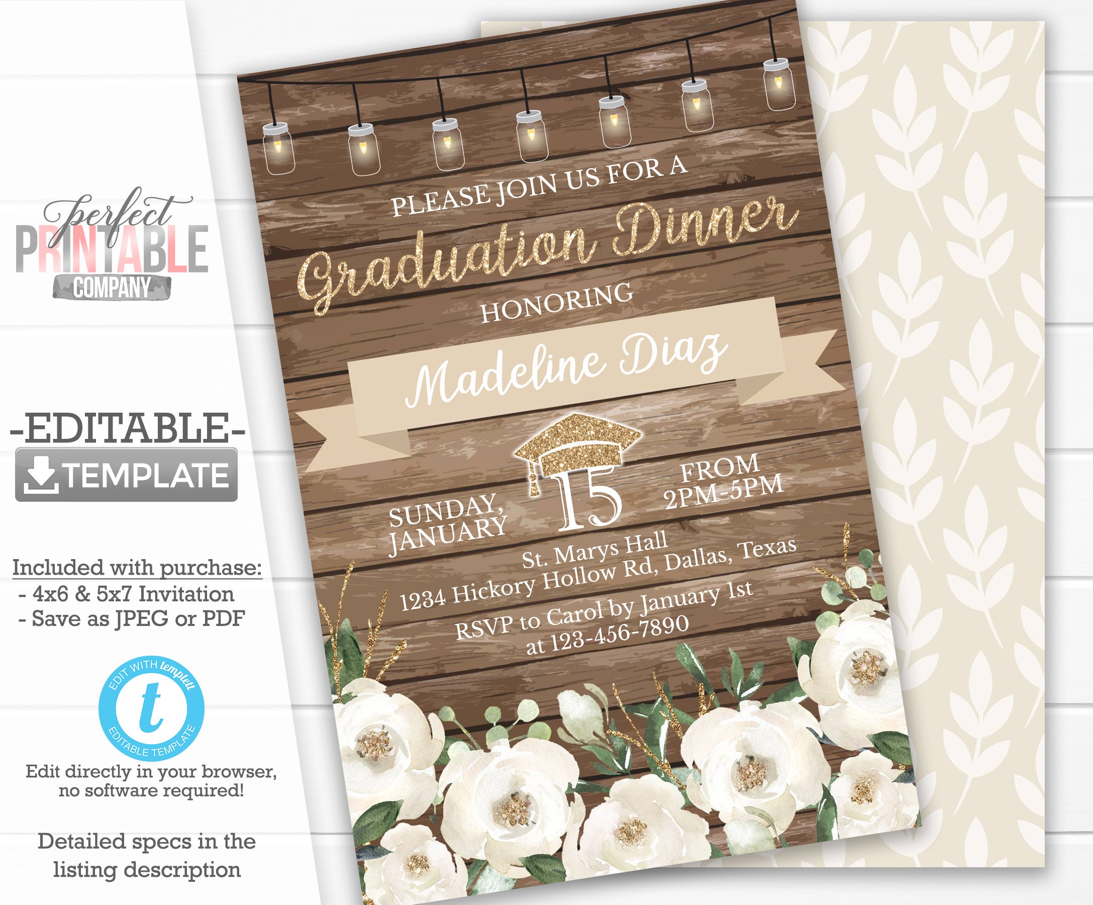 Rustic Graduation Dinner Invitation Wood Mason Jar Graduation | Etsy