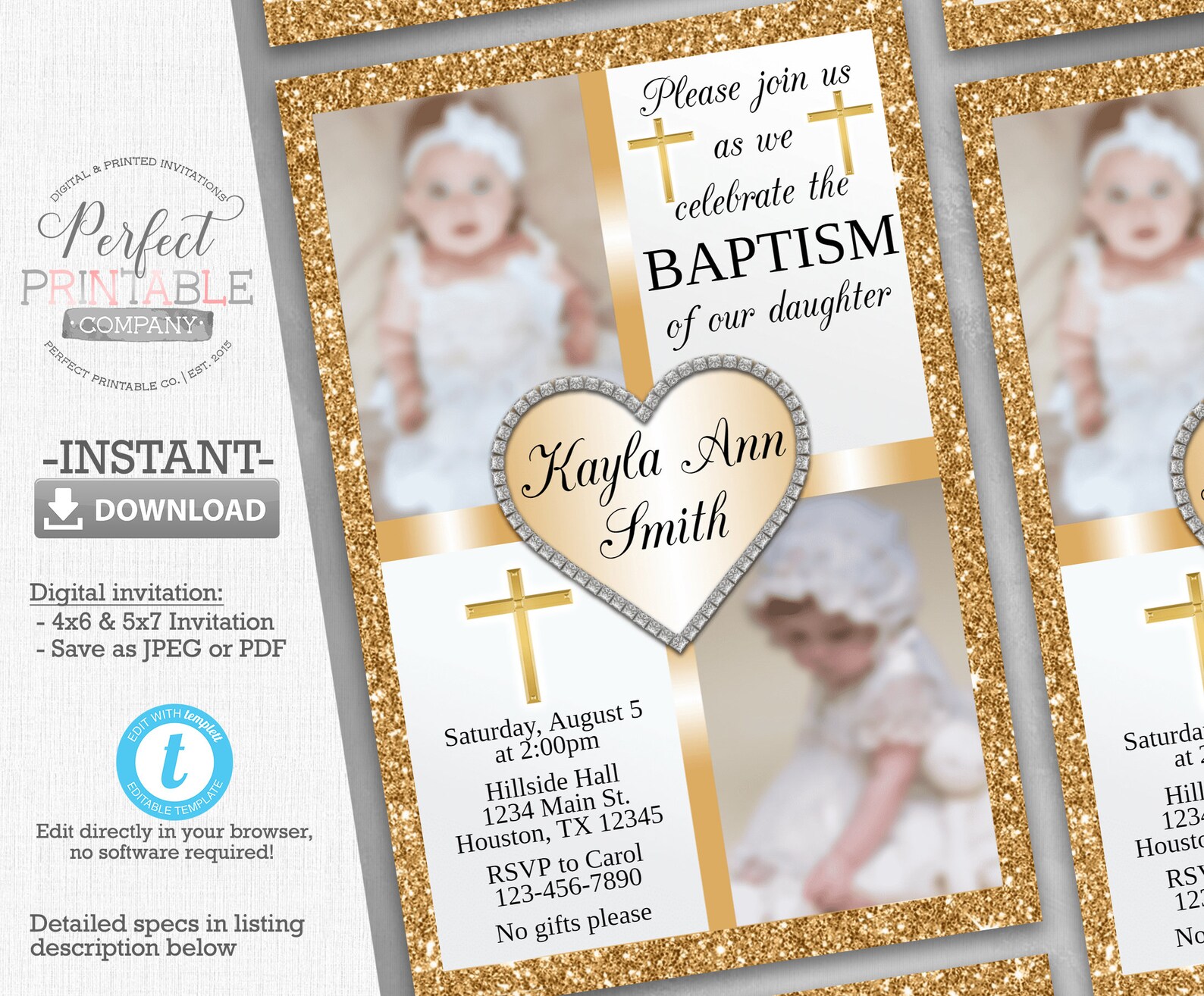 Gold Baptism Invitation Gold Christening Invitation Girl Boy - Etsy