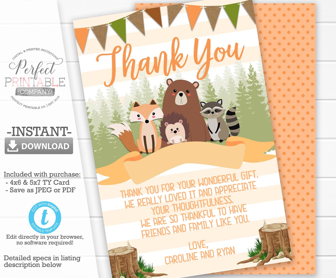 Woodland Thank You Card, Woodland Thank You Note, Woodland Animals ...