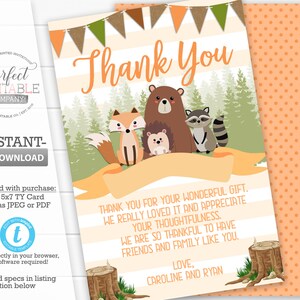 Woodland Thank You Card, Woodland Thank You Note, Woodland Animals ...