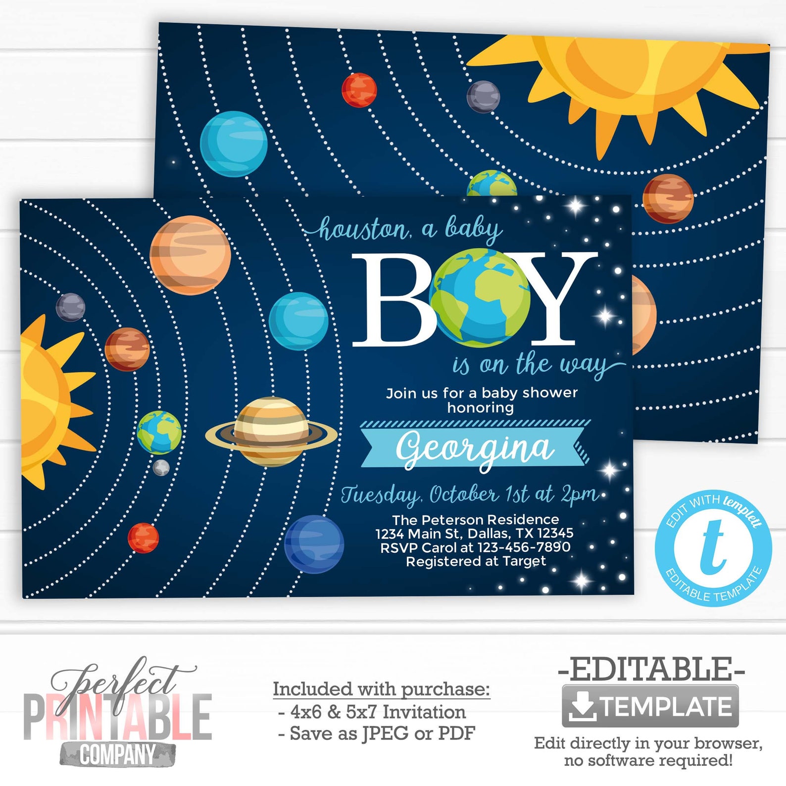 Solar System Baby Shower Invitation, Outer Space Theme (editable ...