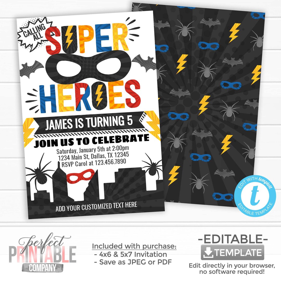 Superhero Birthday Invitation Superhero Party Invitation Superhero ...