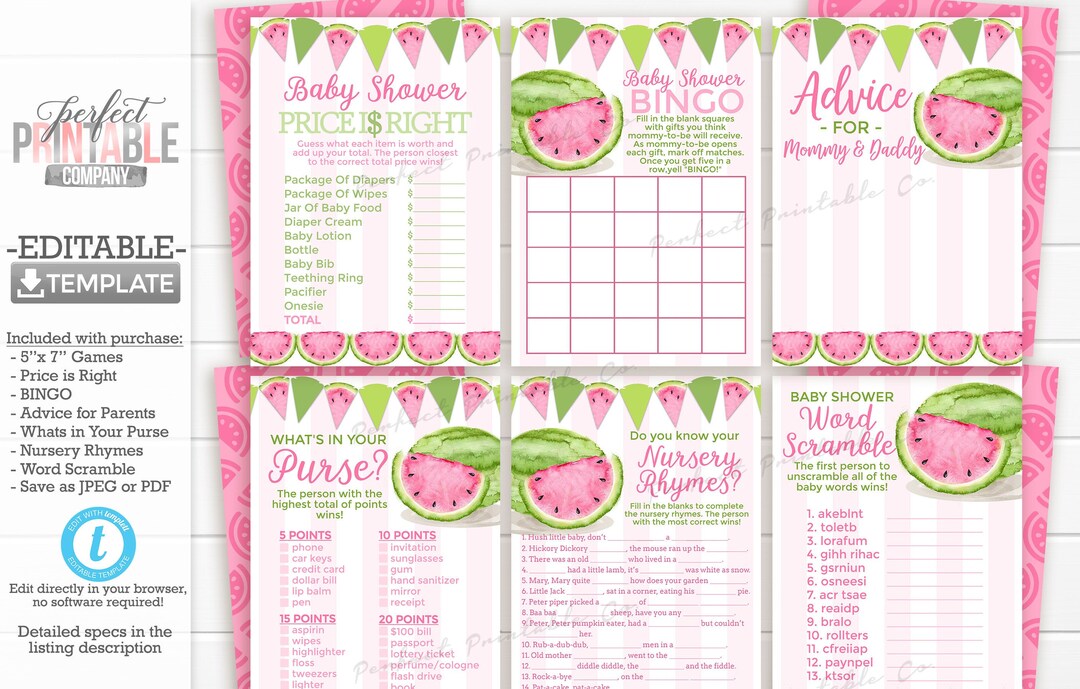 Watermelon Baby Shower Games Package, BINGO, Word Scramble, Price is ...