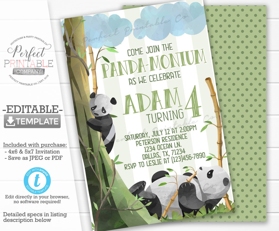 Panda Birthday Party Invitation, Panda Invitation, Panda Invite, Panda ...
