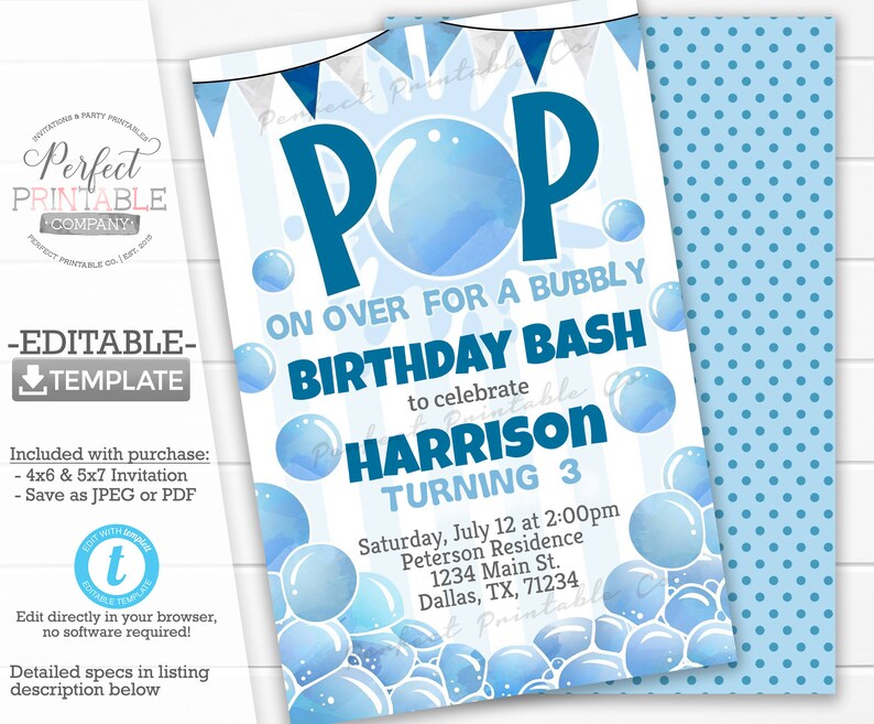 Bubble Birthday Invitation, Bubble Invite, Balloon Birthday Invitation ...