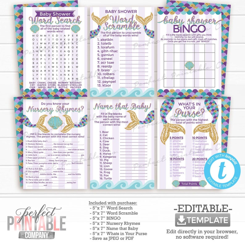 Mermaid Baby Shower Games Word Scramble Word Search BINGO - Etsy