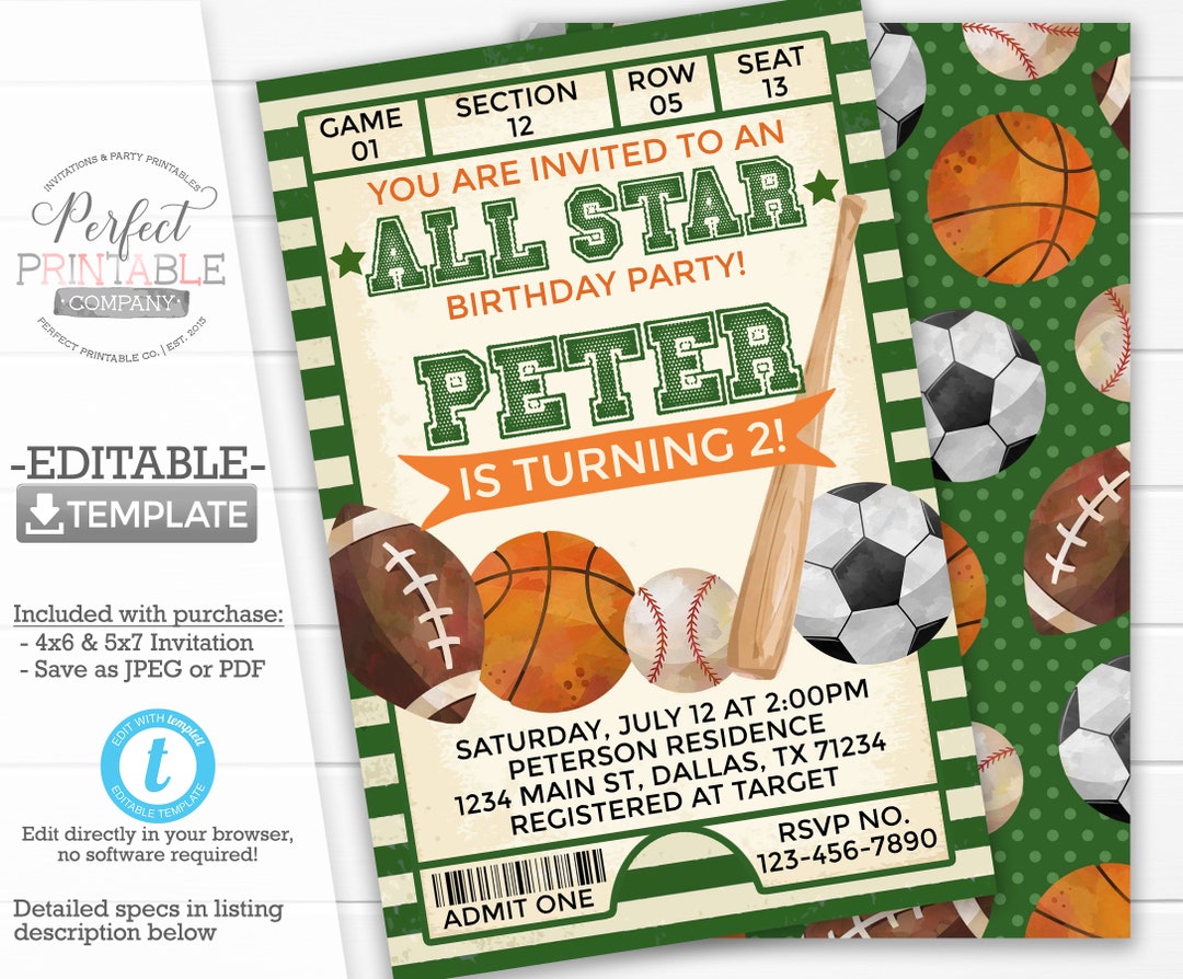Sports Birthday Invitation, All Star Birthday Invitation, Sports Ticket ...