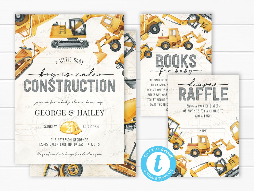 Construction Baby Shower Invitation Bundle, Diaper Raffle Card, Books ...