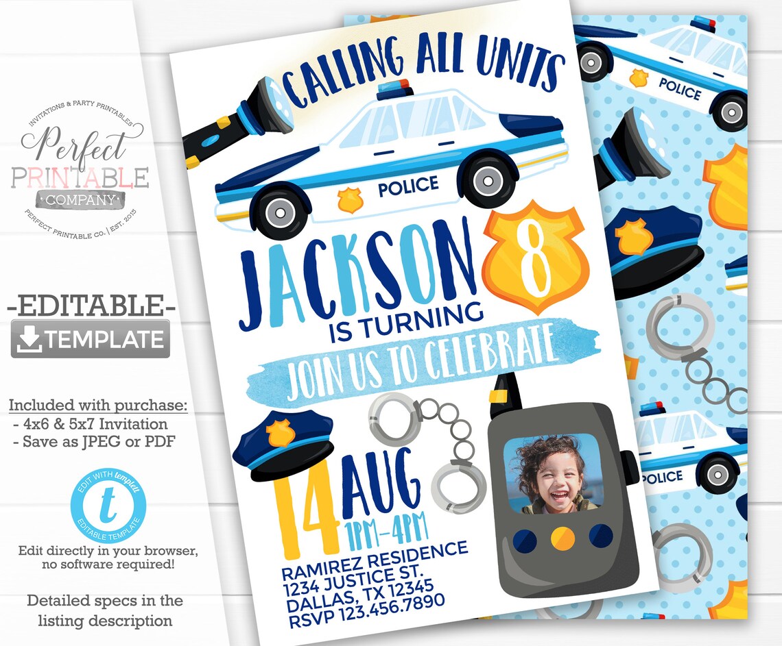 Police Birthday Party Invitation Police Invite Cop Birthday - Etsy
