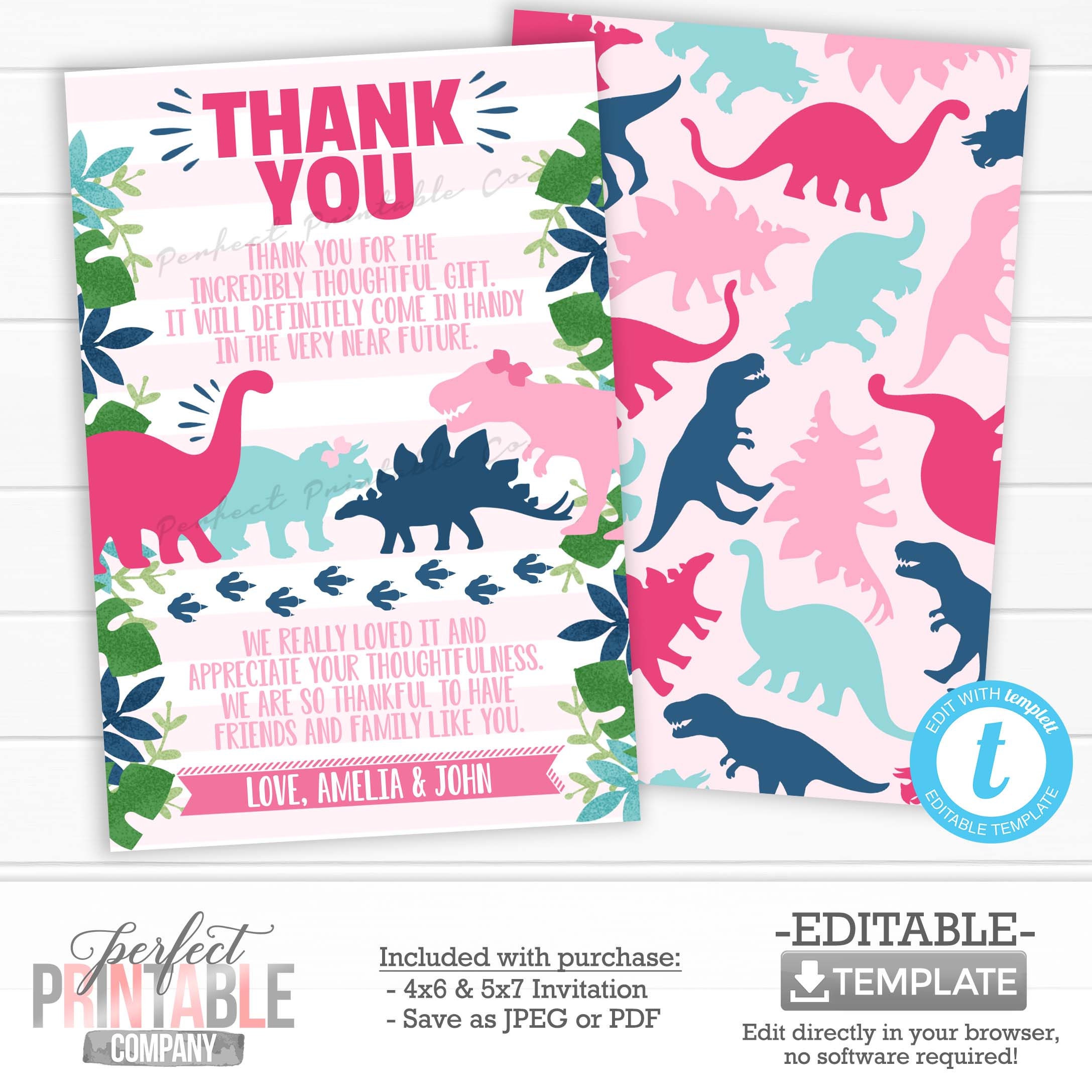 Girl Dinosaur Thank You Card Dinosaur Thank You Note Pink | Etsy