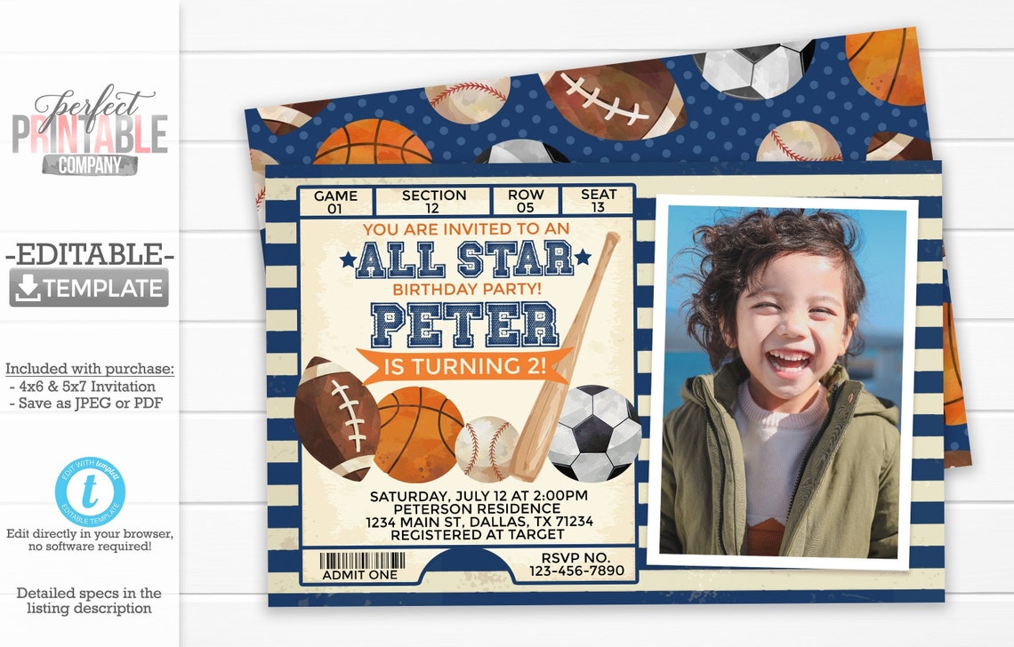 Sports Birthday Invitation, All Star Birthday Invitation, Sports Ticket ...