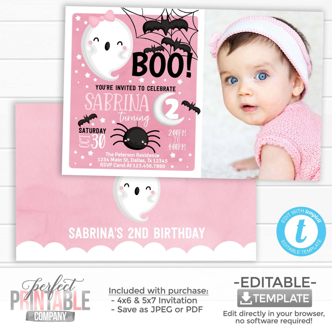 Pink Ghost Birthday Party Invitation, Ghost Spider Bat Halloween Party ...