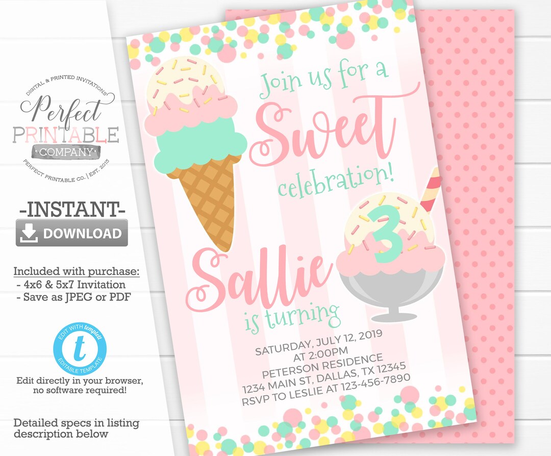 Ice Cream Invitation, Ice Cream Birthday Party Invitation, Ice Cream ...