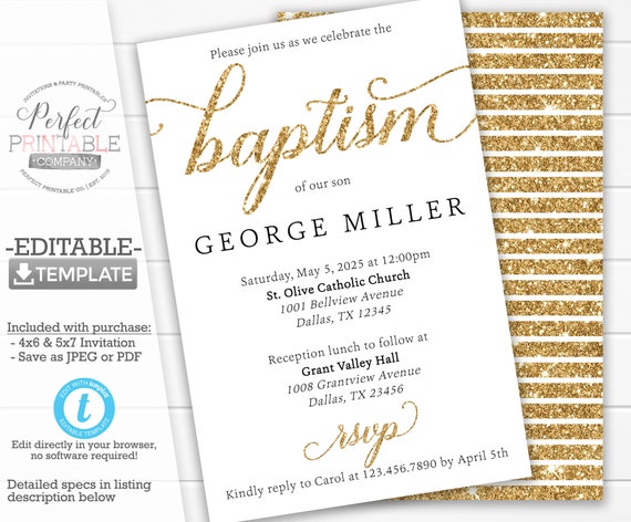 Gold Glitter Baptism Invitation Christening Invitation - Etsy