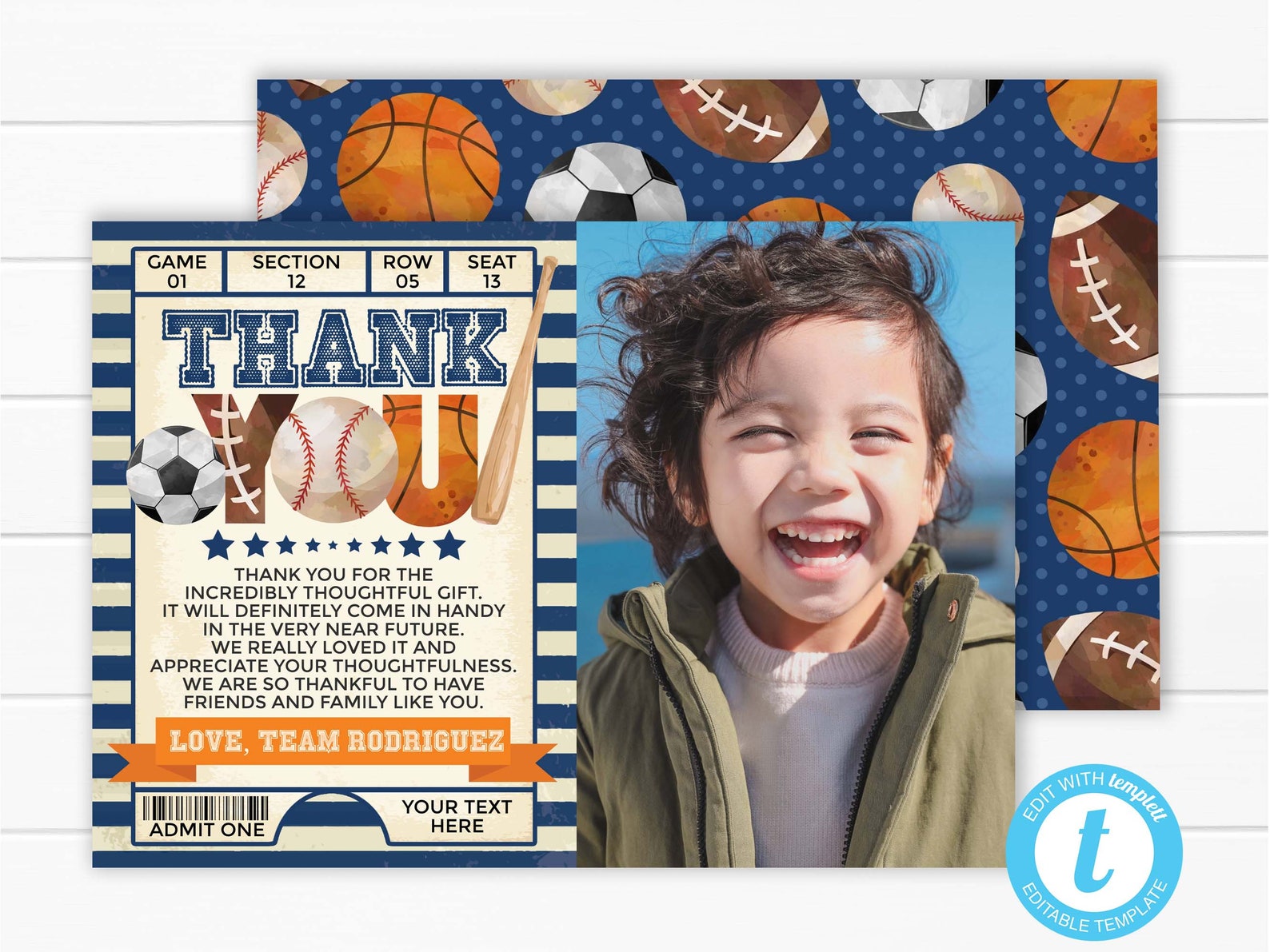 Sports Thank You Card Photo, Sports Thank You Note, Birthday Party ...