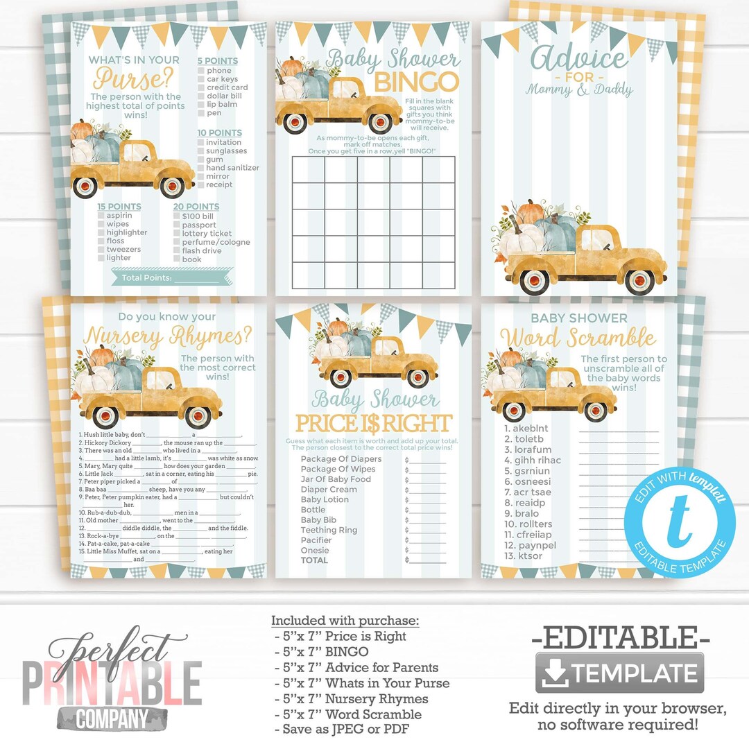 Fall Truck Baby Shower Games Package Bundle, BINGO, Word Scramble ...