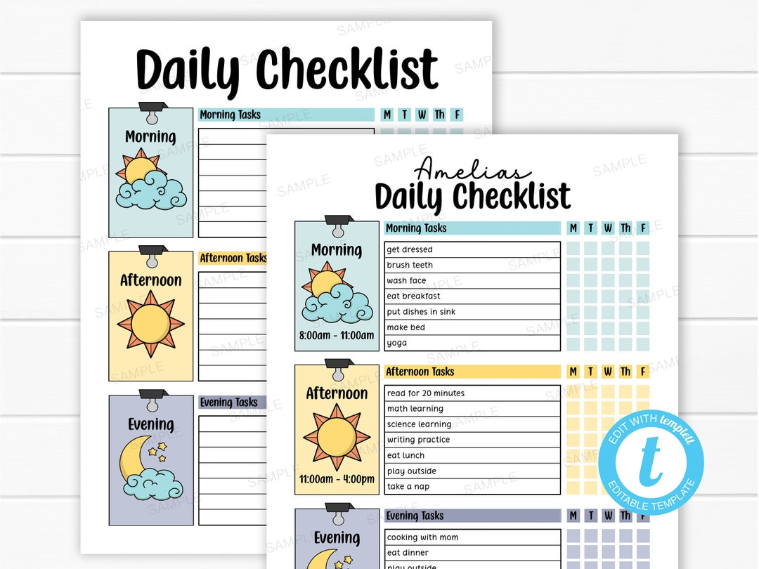 Printable Daily Checklist for Kids, Editable Daily Responsibility Chart ...