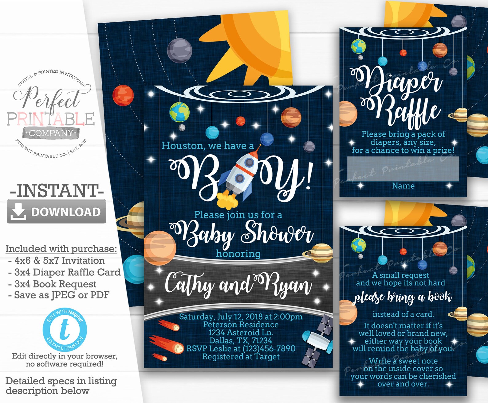 Outer Space Baby Shower Invitation Set, Planet Baby Shower Invitation ...