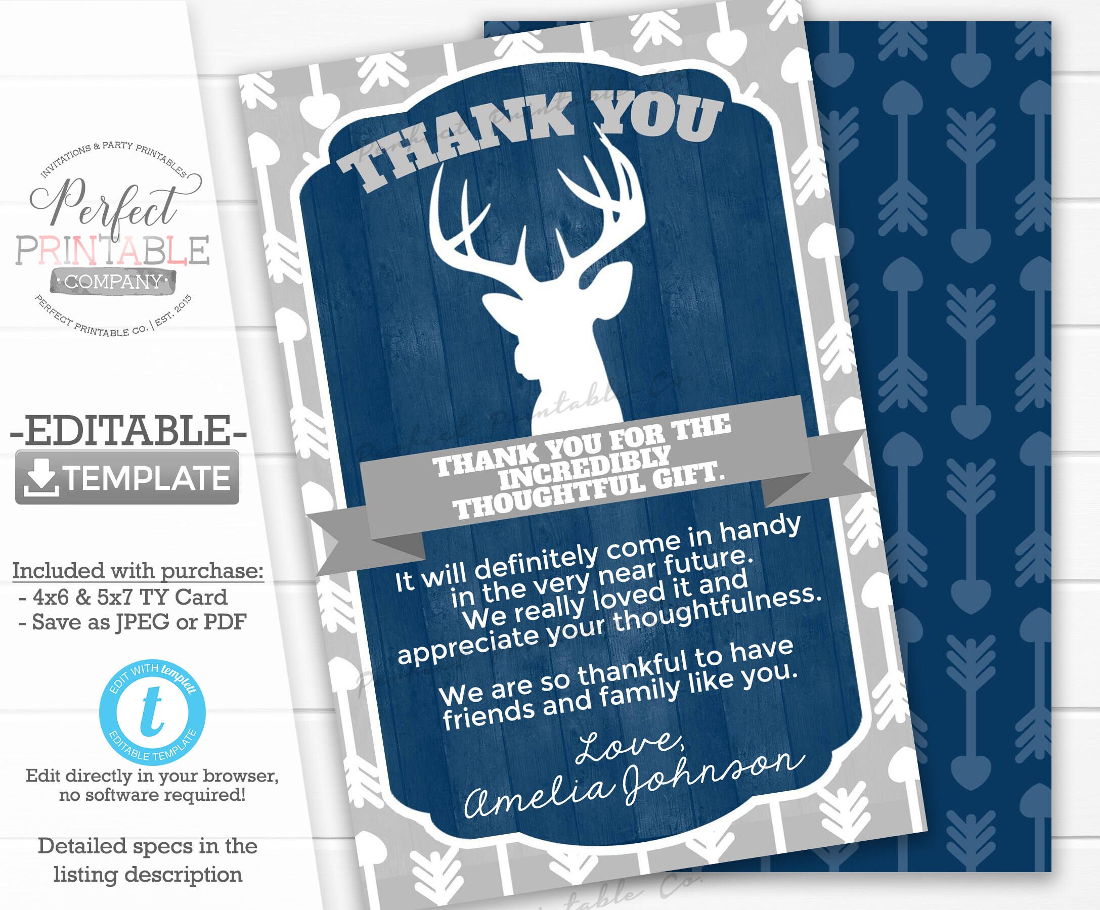 Deer Antler Thank You Card Deer Antler Thank You Note Baby | Etsy