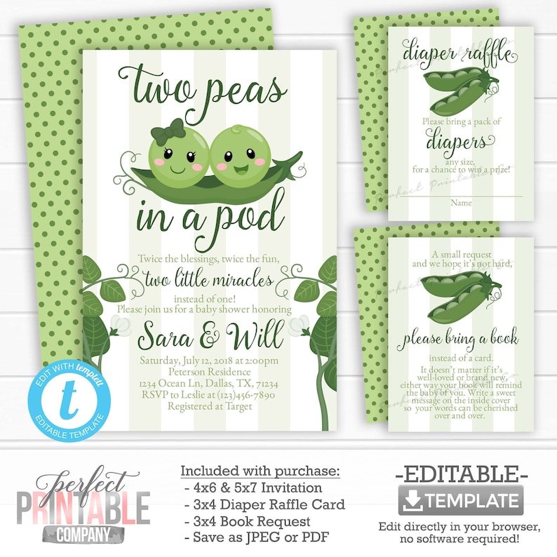 Two Peas in a Pod Baby Shower Invitation Set Kit Package | Etsy