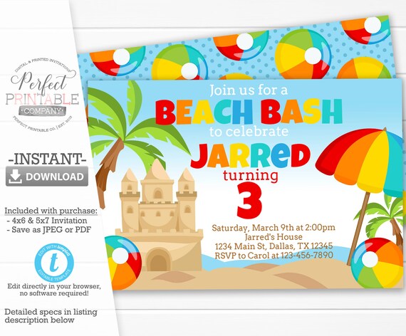 Beach Ball Birthday Invitation Sandcastle Birthday | Etsy