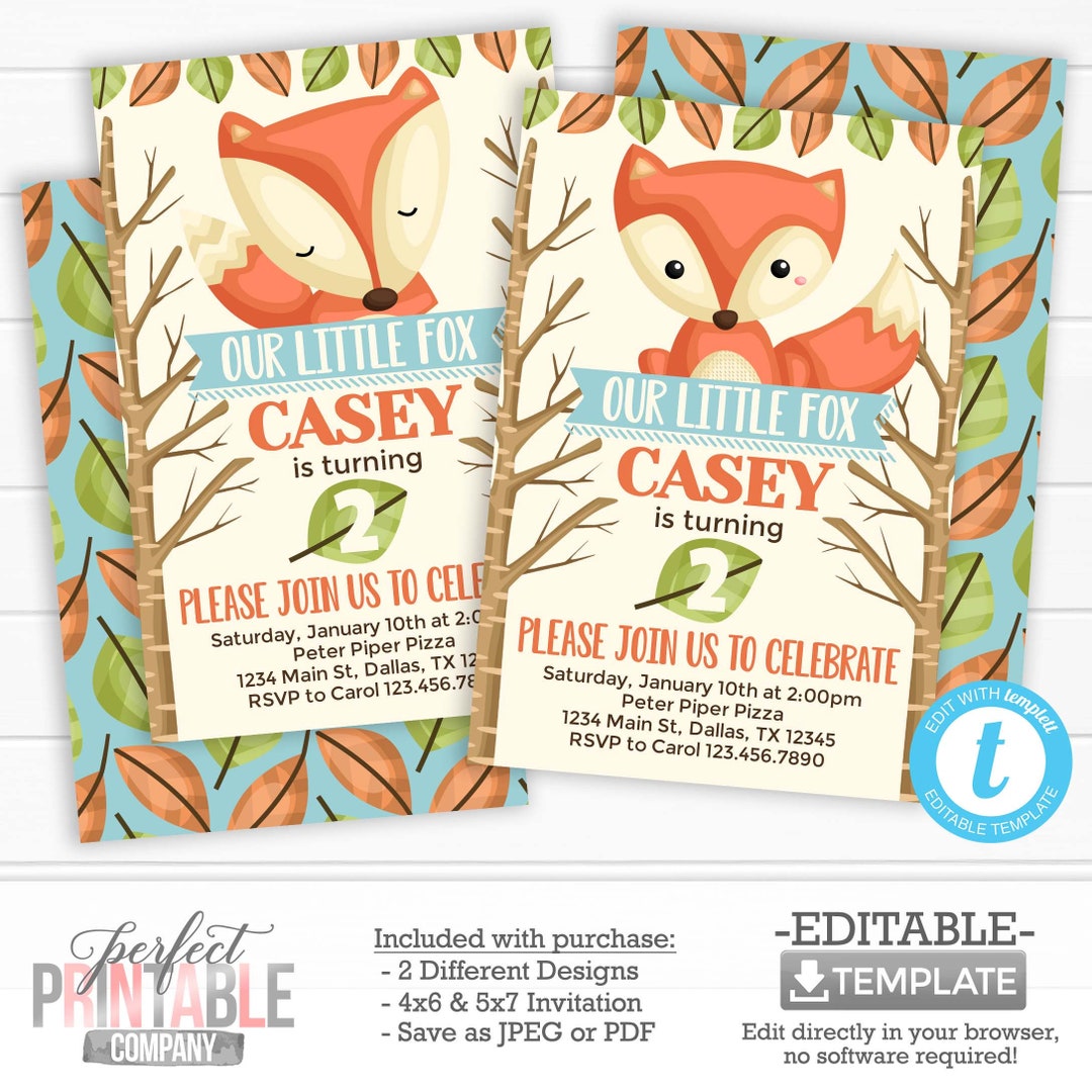 Woodland Fox Birthday Invitation, Fox Invite, Fox Birthday Party ...