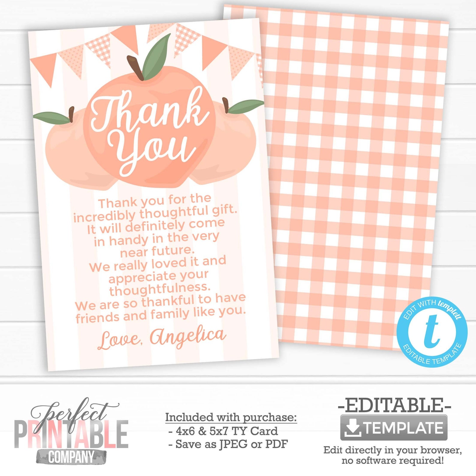 Peach Thank You Card Peach Thank You Note Sweet Georgia - Etsy