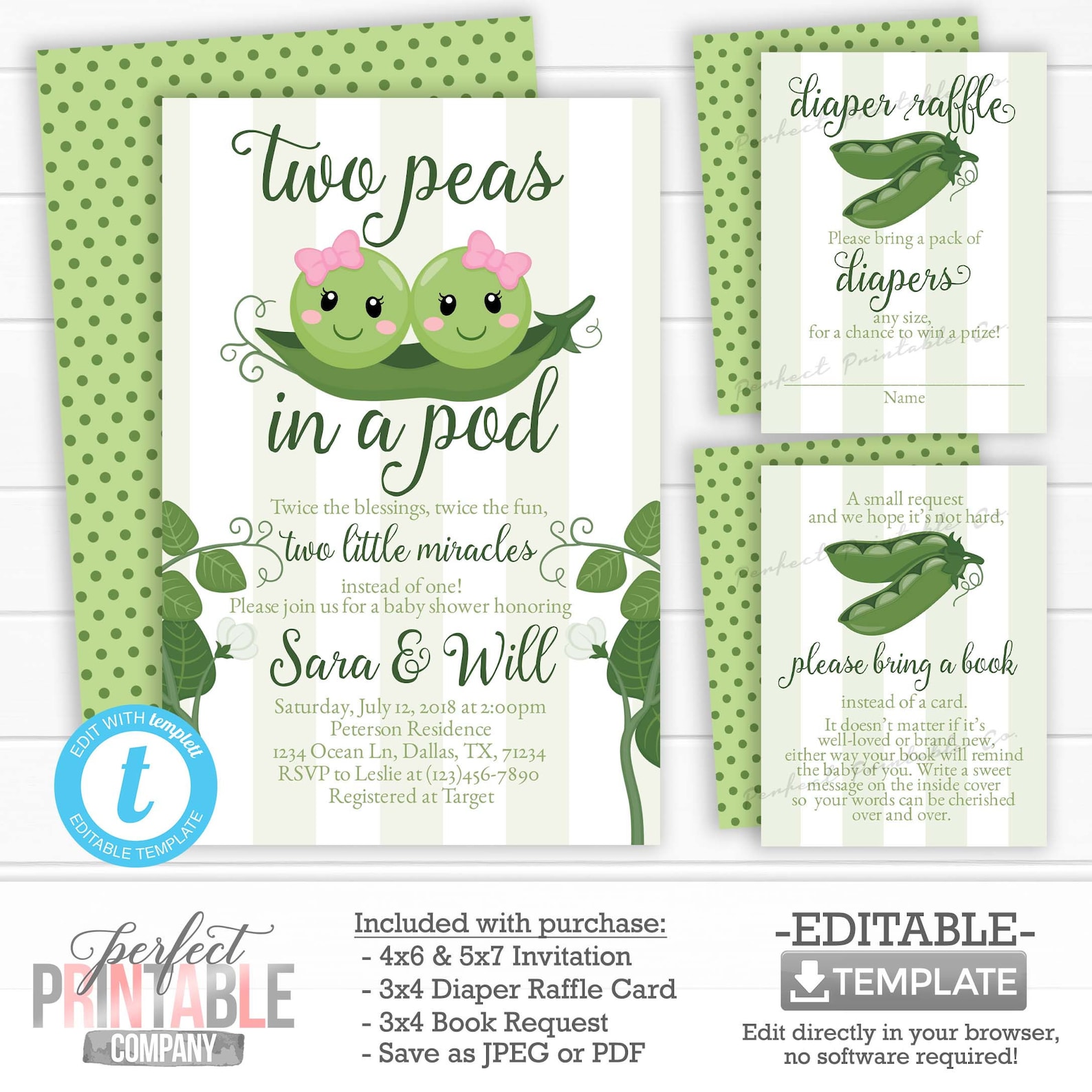 Two Peas in a Pod Baby Shower Invitation Set, Kit, Package, Bundle ...