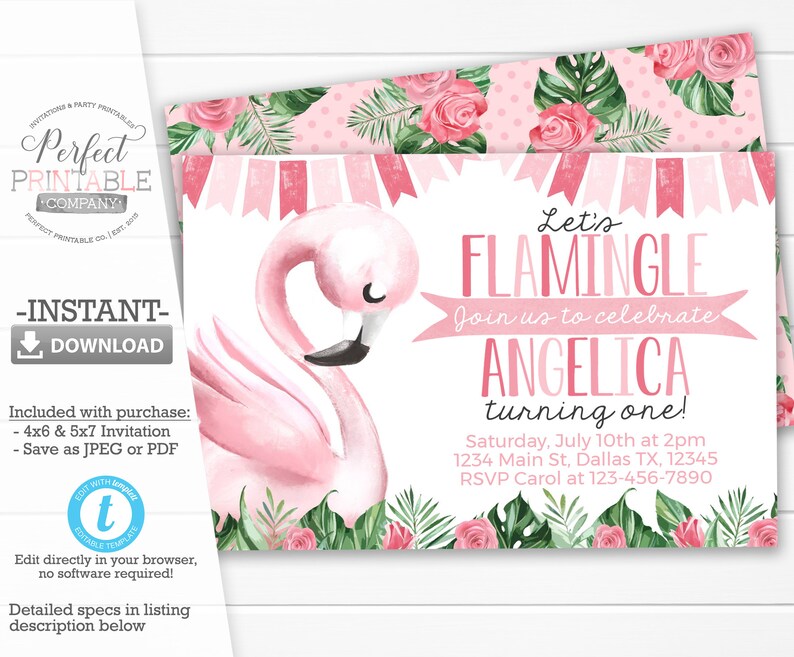 Flamingo Birthday Party Invitation, Flamingo Invite, Tropical Flamingo ...