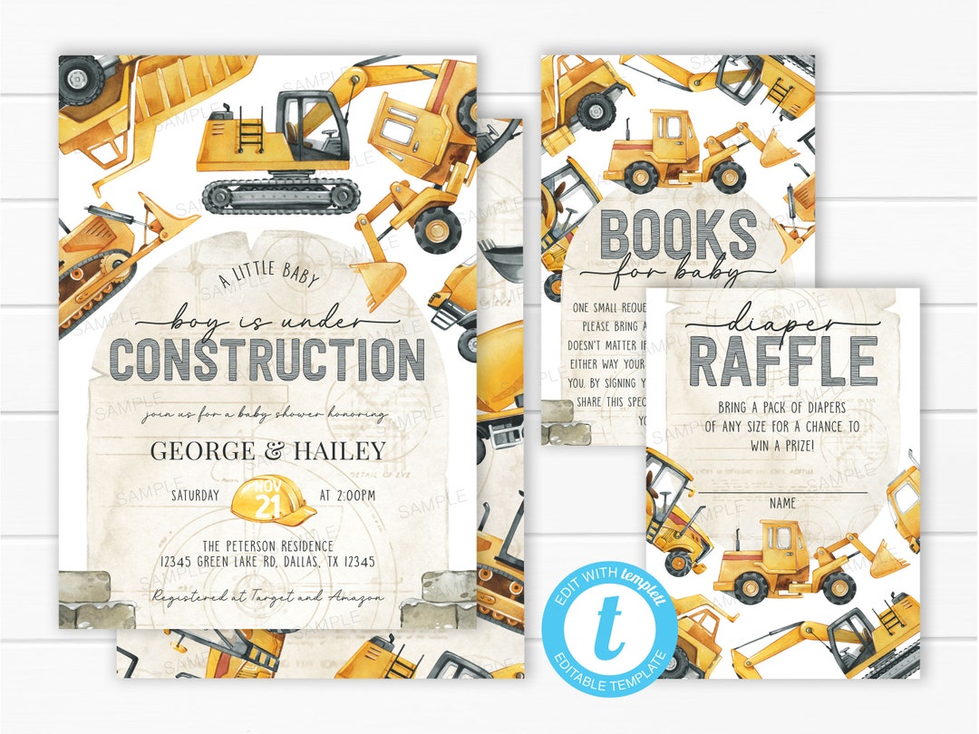 Construction Baby Shower Invitation Bundle, Diaper Raffle Card, Books ...