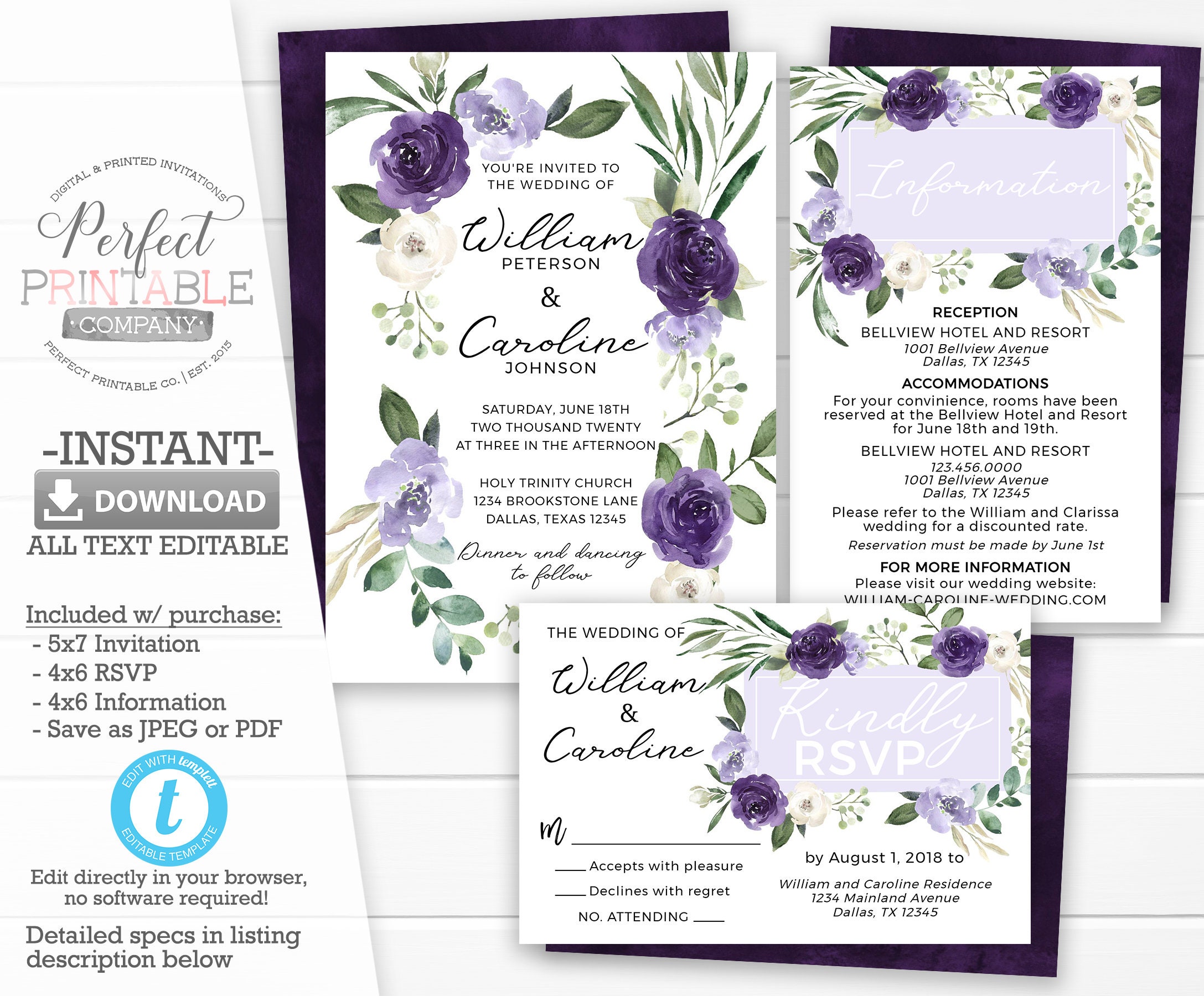 Purple Lavender Wedding Invitation Suite Purple Floral | Etsy