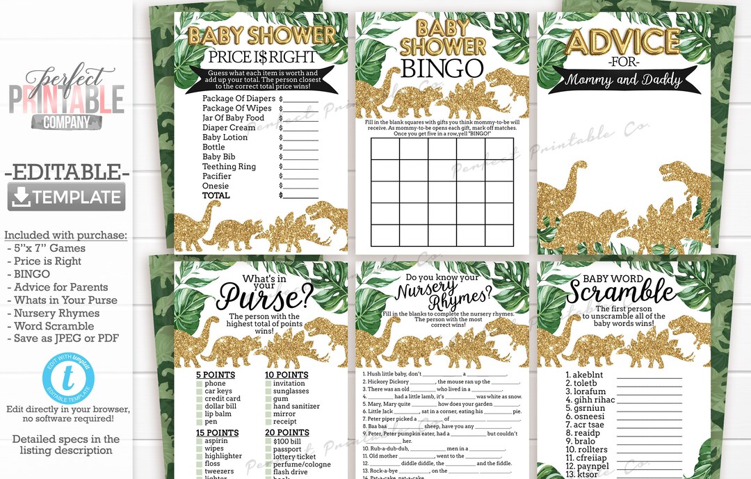 Tropical Dinosaur Baby Shower Games Package, BINGO, Word Scramble ...