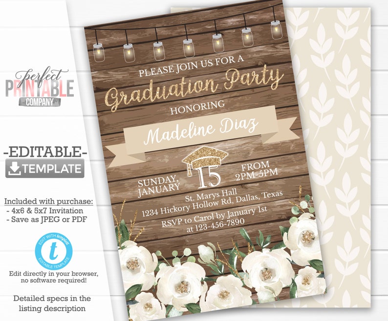 Rustic Graduation Party Invitation Wood Mason Jar Graduation - Etsy