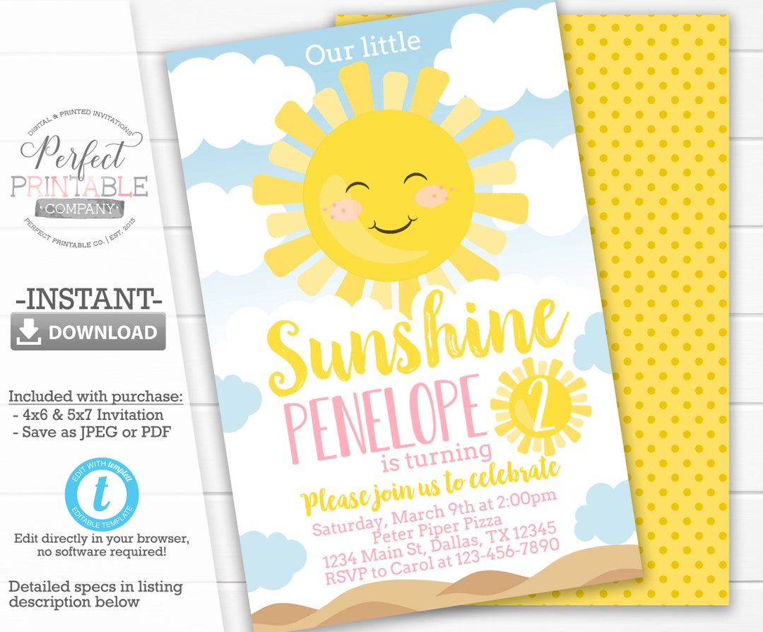 Sunshine Birthday Invitation, Sunshine Invite, Sunshine Party ...