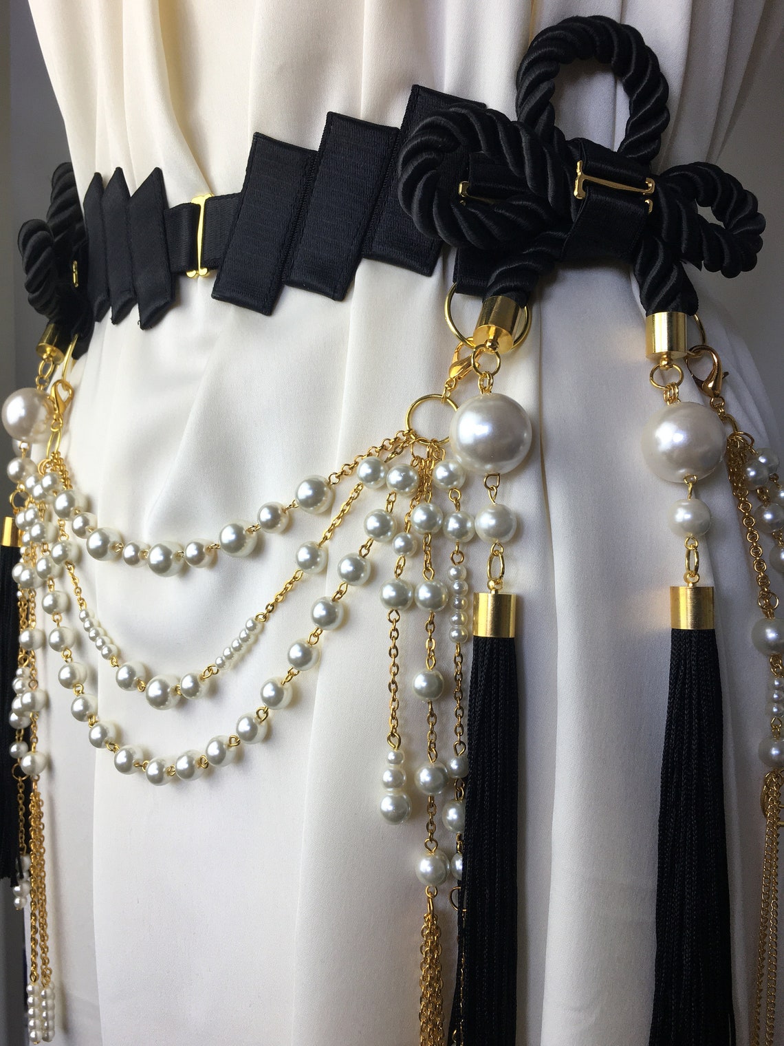AYA - Satin Elastic Belt - Detachable Details - Pearl Chain and Rope ...