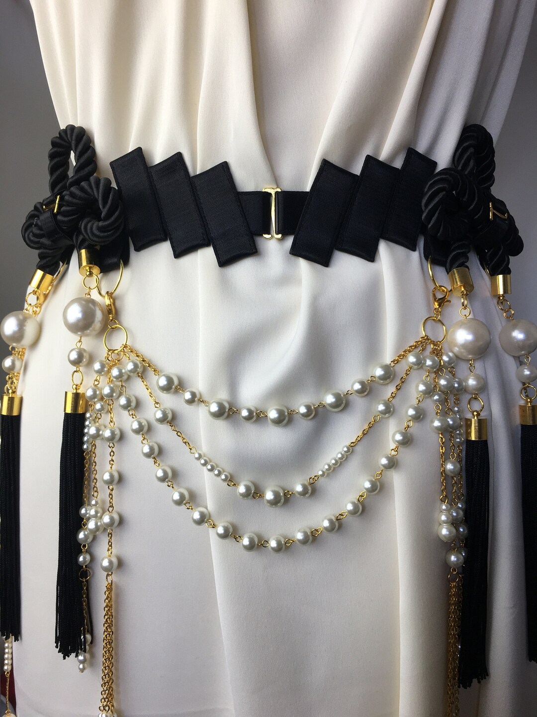 AYA - Satin Elastic Belt - Detachable Details - Pearl Chain and Rope ...